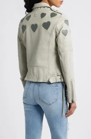Mauritius Reo Heart Detail Leather Moto Jacket - Offwhite/grey