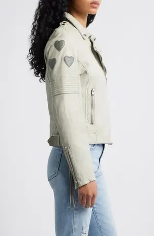 Mauritius Reo Heart Detail Leather Moto Jacket - Offwhite/grey