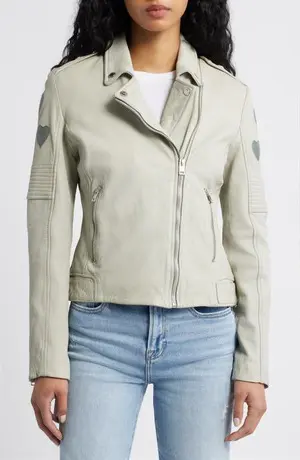 Mauritius Reo Heart Detail Leather Moto Jacket - Offwhite/grey
