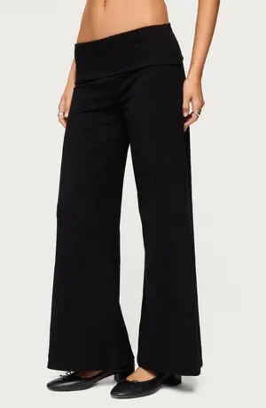 EDIKTED Wide Leg Foldover Pants - Black