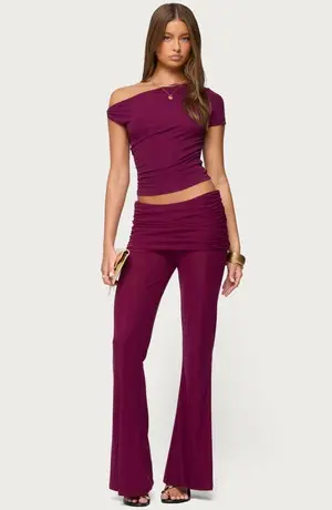 EDIKTED Halli Foldover Flare Pants - Burgundy