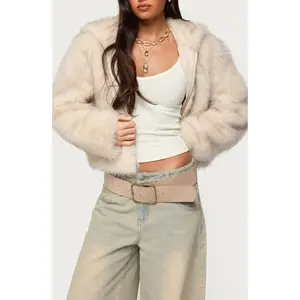 EDIKTED Faux Fur Hooded Crop Jacket