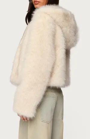 EDIKTED Faux Fur Hooded Crop Jacket
