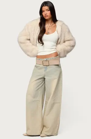 EDIKTED Faux Fur Hooded Crop Jacket