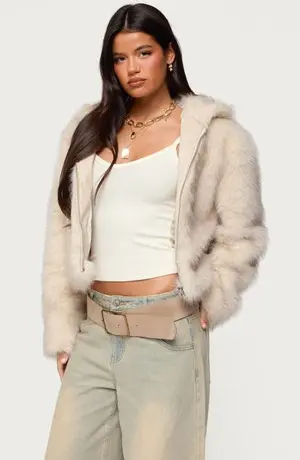 EDIKTED Faux Fur Hooded Crop Jacket