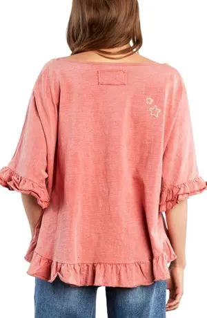 BILLY T Embroidered Ruffle Cotton Top