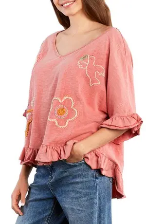 BILLY T Embroidered Ruffle Cotton Top