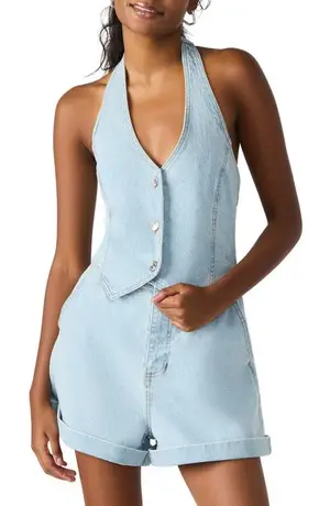 Steve Madden Amity Halter Denim Romper - Delft Blue