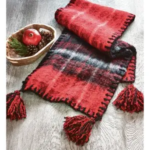 TAG Snowmass Multi Tassled Mohair Table Runner For Christmas - Red