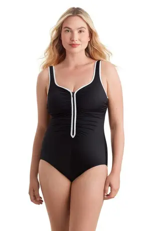 SHAPESOLVER SPORT Shirred Zipper Tank One-piece Swimsuit - Black And White