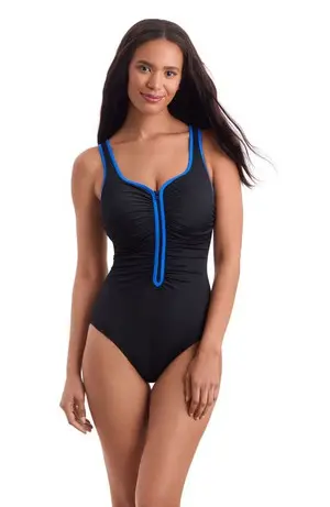 SHAPESOLVER SPORT Shirred Zipper Tank One-Piece Swimsuit Blue