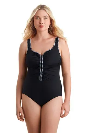 SHAPESOLVER SPORT Shirred Zipper Tank One-Piece Swimsuit Grey Laser Stars