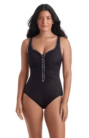 SHAPESOLVER SPORT Shirred Zipper Tank One-piece Swimsuit - In Graphic Details