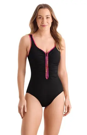 SHAPESOLVER SPORT Shirred Zipper Tank One-piece Swimsuit - Pink Desert Horizon