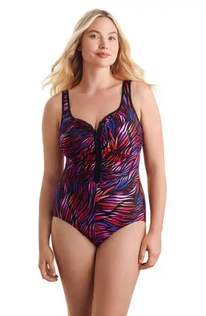 SHAPESOLVER SPORT Shirred Zipper Tank One-Piece Swimsuit Pink Glazed Skin