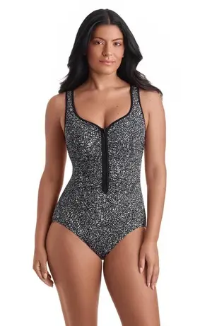SHAPESOLVER SPORT Shirred Zipper Tank One-piece Swimsuit - Pixel Twilight