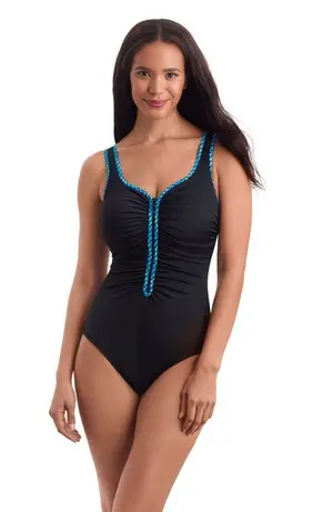 SHAPESOLVER SPORT Shirred Zipper Tank One-Piece Swimsuit Turquoise Laser Stars