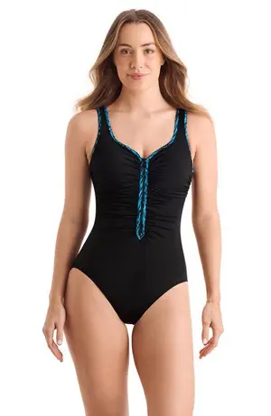 SHAPESOLVER SPORT Shirred Zipper Tank One-piece Swimsuit - Wild Waves