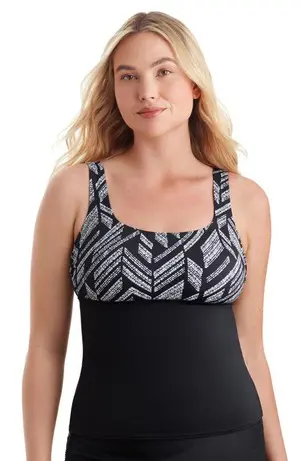 SHAPESOLVER SPORT Scoopneck Chlorine Resistant Tankini Swimsuit Top Herringbone Shift