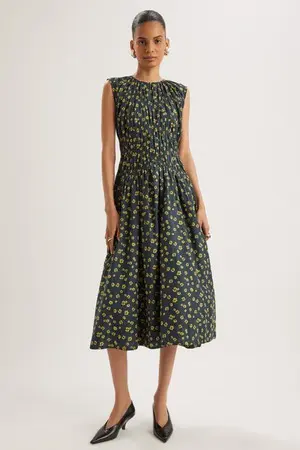Merlette Villard Floral Print Midi Dress - Lemon Navy Floral Print