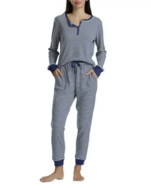 Splendid Henley Top And Joggers Pajama Set - Deep Cobalt Stripe