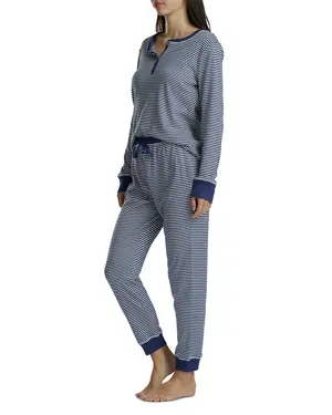 Splendid Henley Top And Joggers Pajama Set - Deep Cobalt Stripe