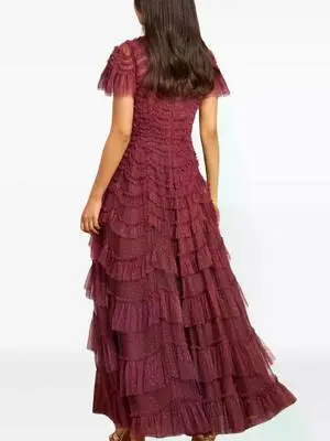 NEEDLE & THREAD Aviana Ruffled V-neck Maxi Dress - Red