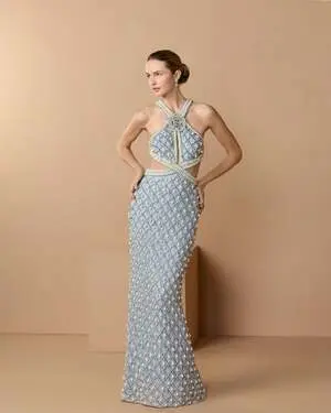 MAC DUGGAL COLLECTION Embellished Halterneck Column Gown - Blue