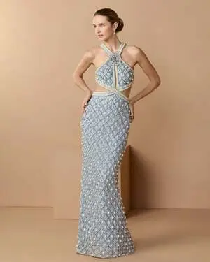 MAC DUGGAL COLLECTION Embellished Halterneck Column Gown - Blue