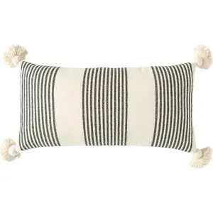 STORIED HOME Cotton And Chenille Woven Striped Lumbar Pillow With Tassels - Black