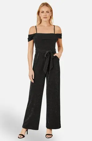 YUMI Sparkle Stretch Bardot Jumpsuit - Black