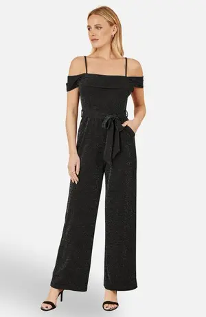 YUMI Sparkle Stretch Bardot Jumpsuit - Black