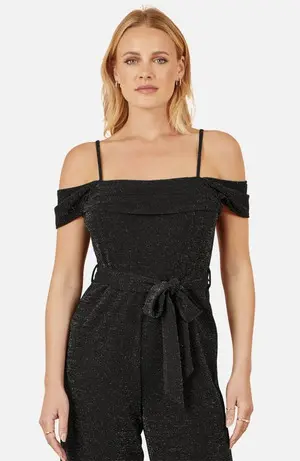 YUMI Sparkle Stretch Bardot Jumpsuit - Black