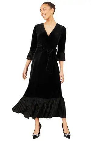 YUMI Velvet Midi Wrap Dress With Pleated Details - Black