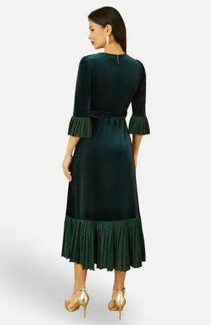 YUMI Velvet Wrap V-neck Midi Dress