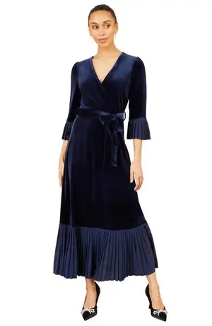 YUMI Velvet Midi Wrap Dress With Pleated Details - Navy