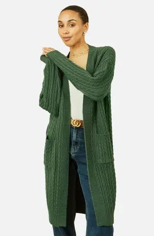 YUMI Cable Knit Long Sleeve Cardigan - Green