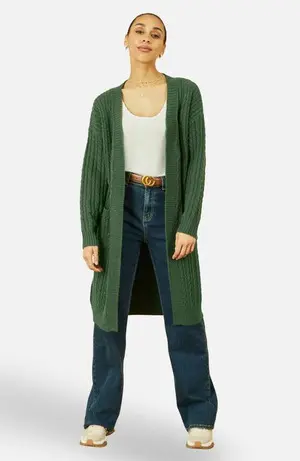 YUMI Cable Knit Long Sleeve Cardigan - Green
