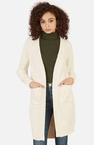 YUMI Cable Knit Long Sleeve Cardigan - Ivory