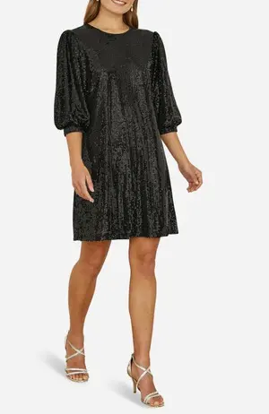 YUMI Balloon Sleeve Sequin Mini Dress - Black
