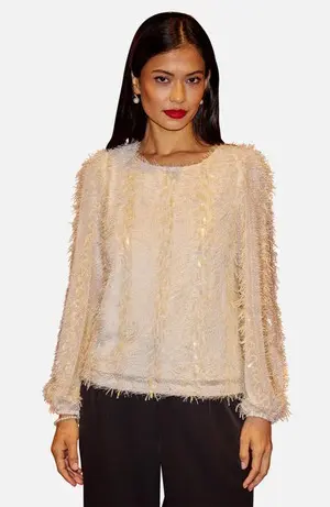 YUMI Hanging Sequin Long Sleeve Top - Ivory
