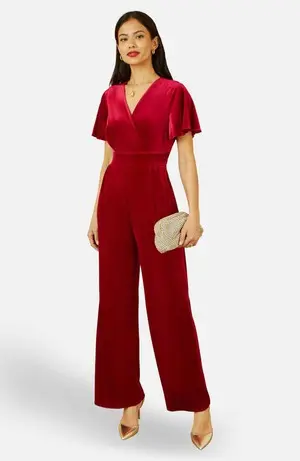 YUMI Angel Sleeve Velvet Jumpsuit - Red