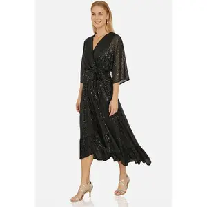 YUMI Sequin Kimono Wrap Midi Dress - Black