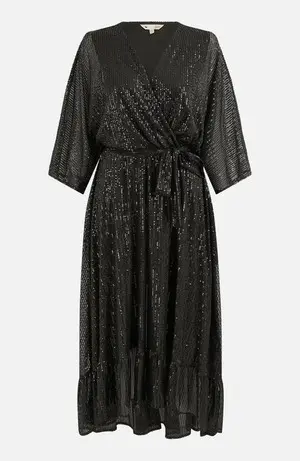 YUMI Sequin Kimono Wrap Midi Dress - Black