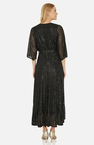 YUMI Sequin Kimono Wrap Midi Dress - Black