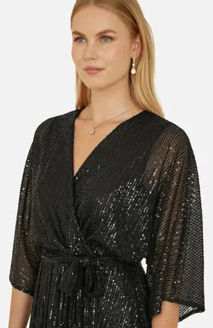 YUMI Sequin Kimono Wrap Midi Dress - Black