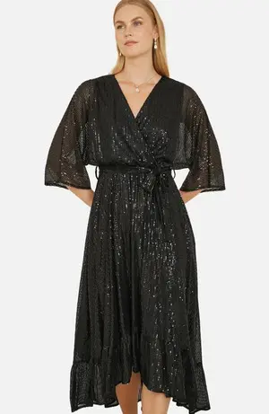 YUMI Sequin Wrap Midi Dress - Black
