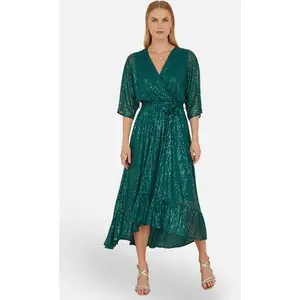 YUMI Sequin Wrap Midi Dress - Green