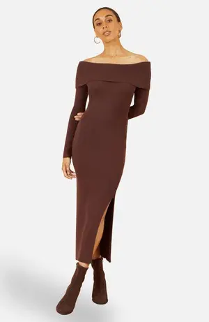 YUMI Bardot Knitted Fitted Midi Dress - Brown