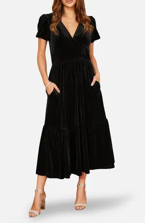 YUMI Velvet Midi Dress - Black